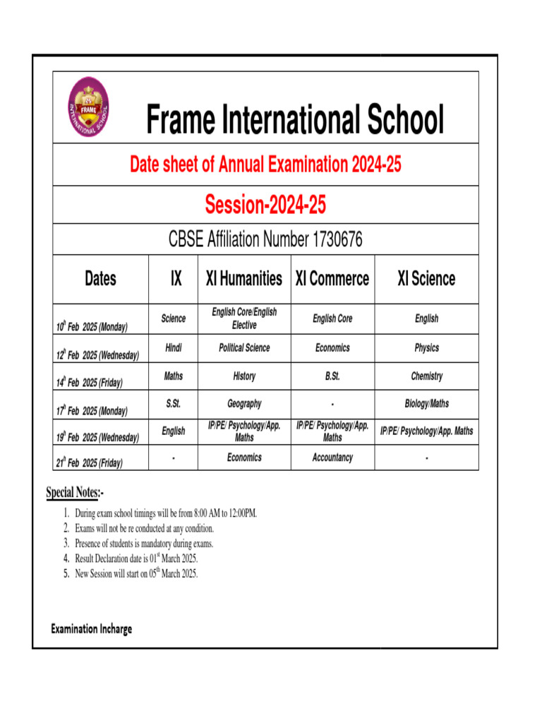Date Sheet Annual Exam | PDF