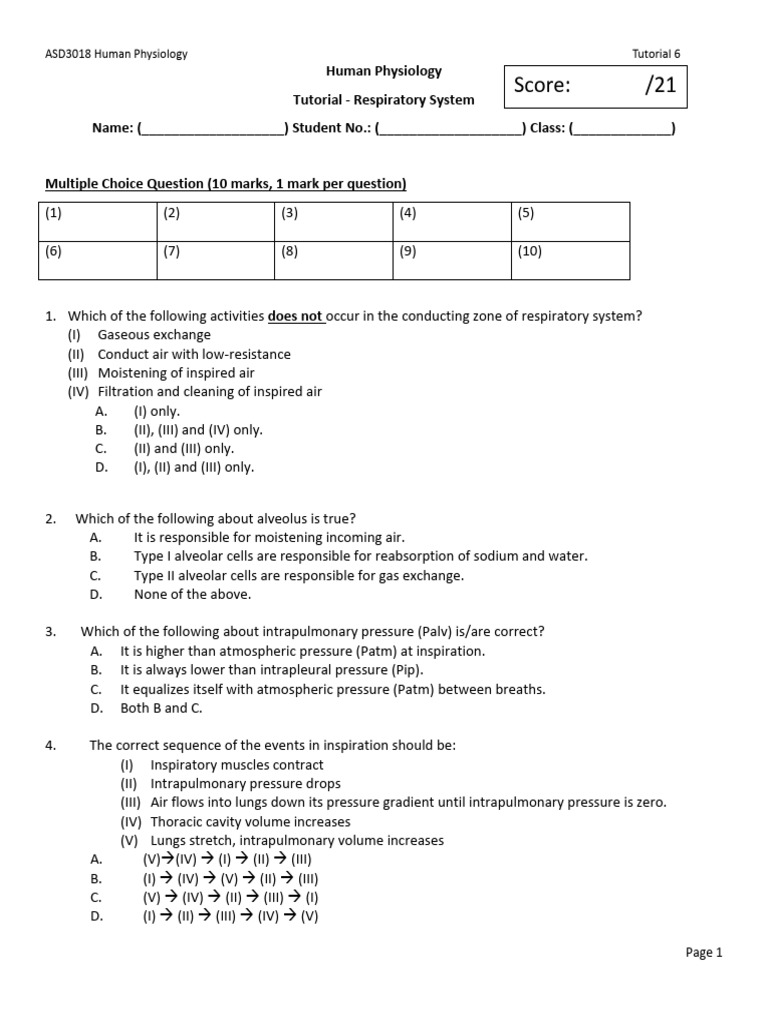 Tutorial 6 Respiratory System | PDF | Breathing | Blood