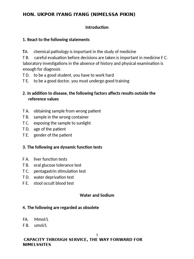 SAMPLE FIRST PROFESSIONAL MCQs 3 CHEMPATH by HON UKPOR IYANG | PDF ...