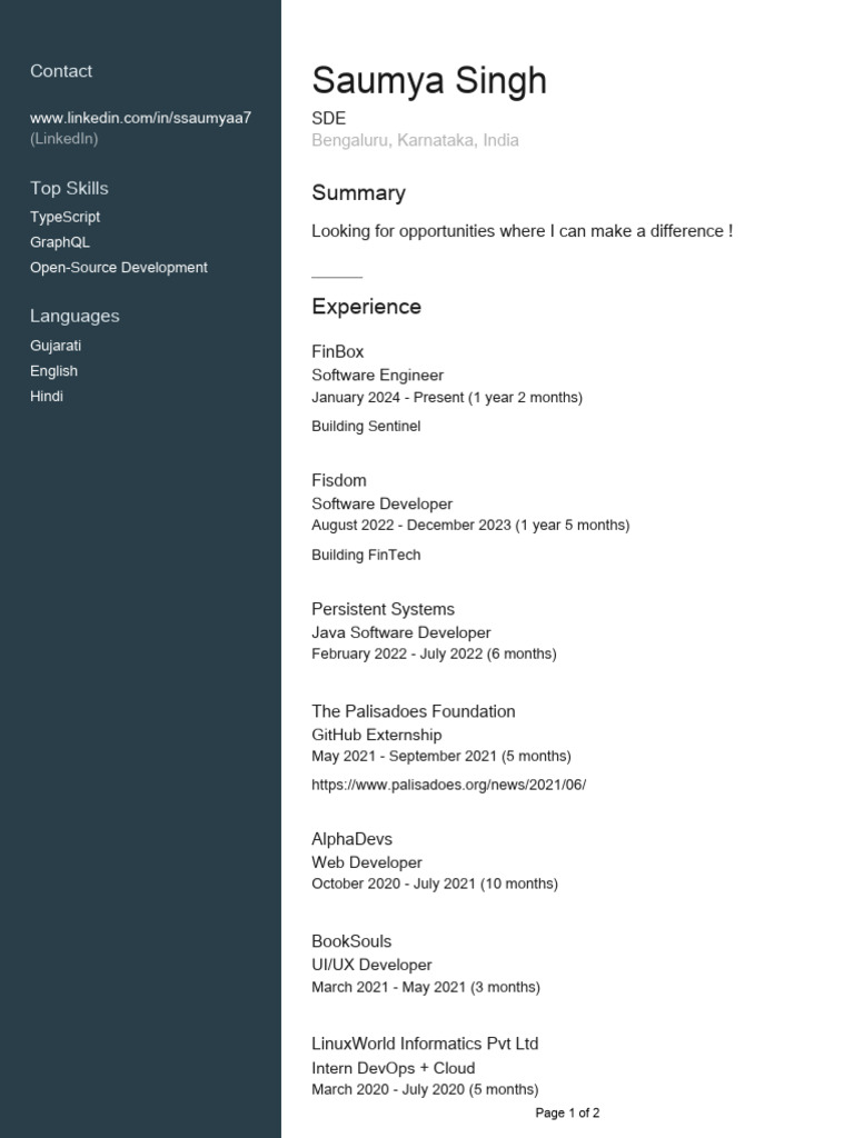 Saumya Singh - Software Engineer Profile | PDF