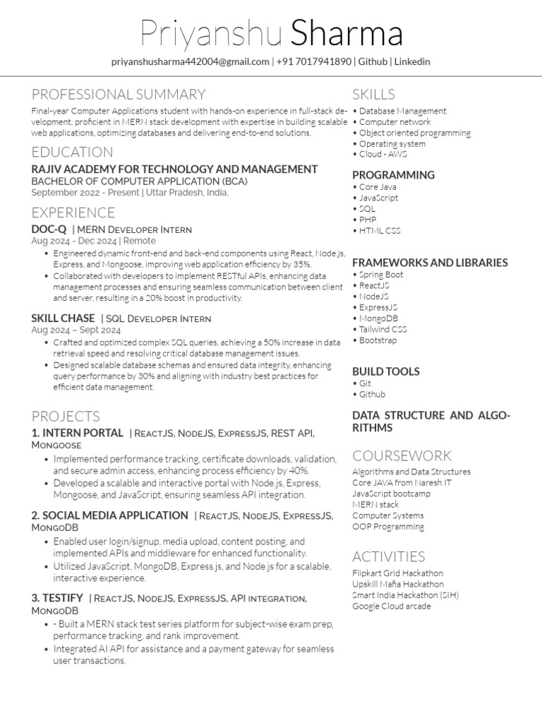 Priyanshu_Resume | PDF | Databases | Mongo Db