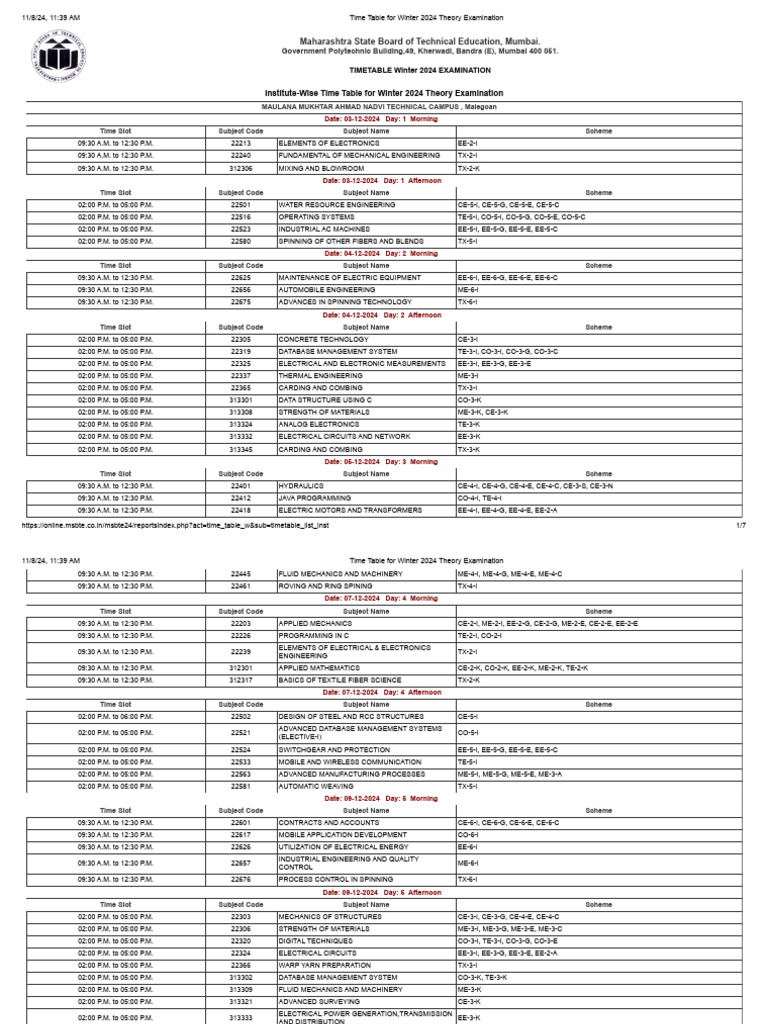 Maharashtra Winter 2024 Exam Timetable | PDF | Engineering | Electrical ...