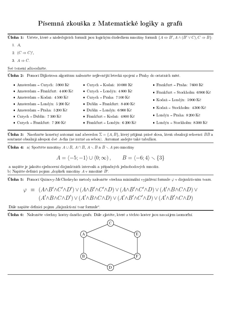 Písemná Zkouška Z Matematické Logiky A Grafů: Úloha 1 | PDF