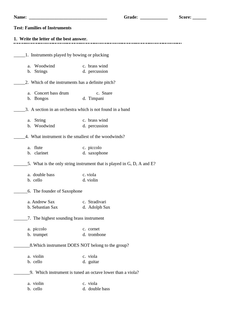 Families of Instruments Test | PDF | Clef | Musical Instruments