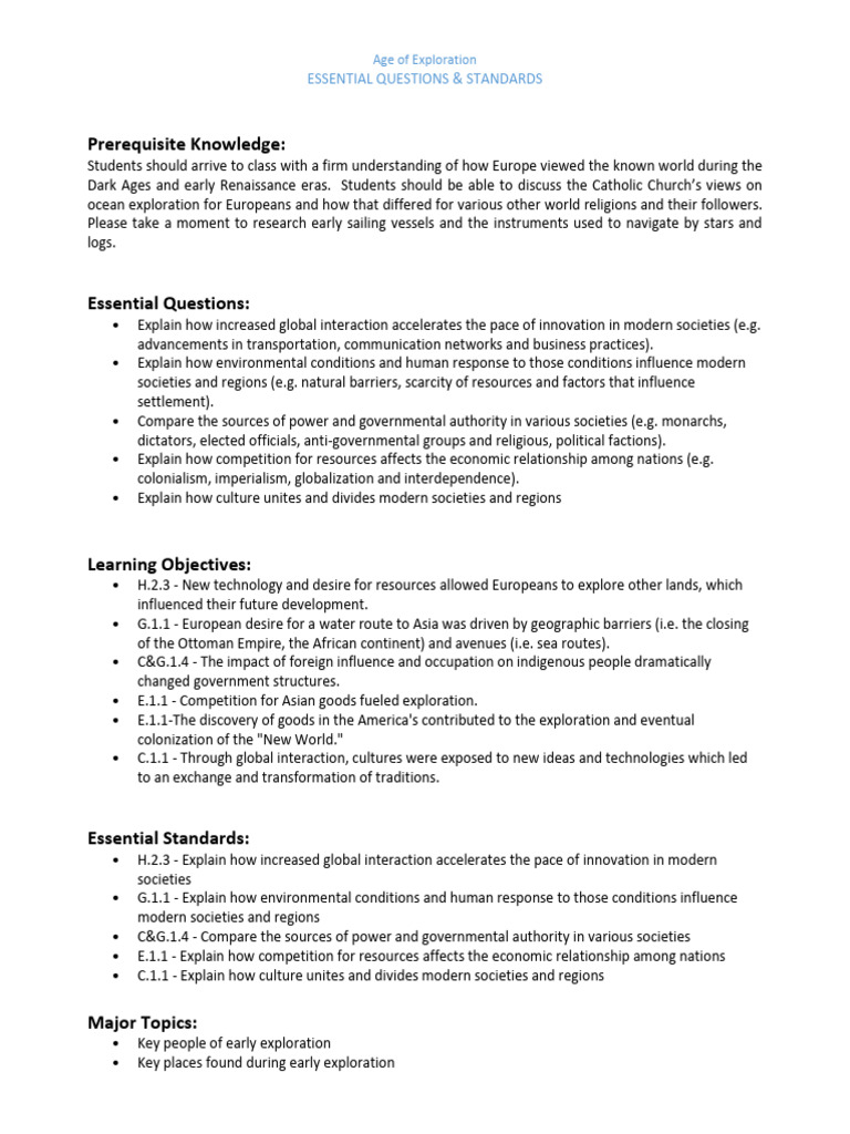 Unit 1 Exploration Essential Standards 2017 | PDF | Society | Exploration