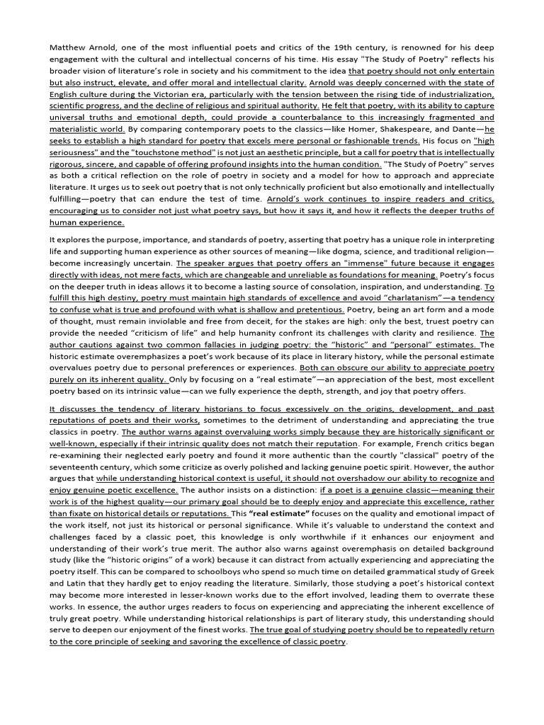 The Study of Poetry by - Matthew Arnold | PDF | Poetry | Truth