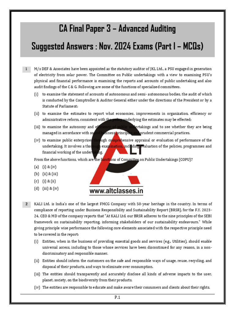CA Final Advanced Auditing MCQs Nov 2024 | PDF | Auditor's Report | Audit