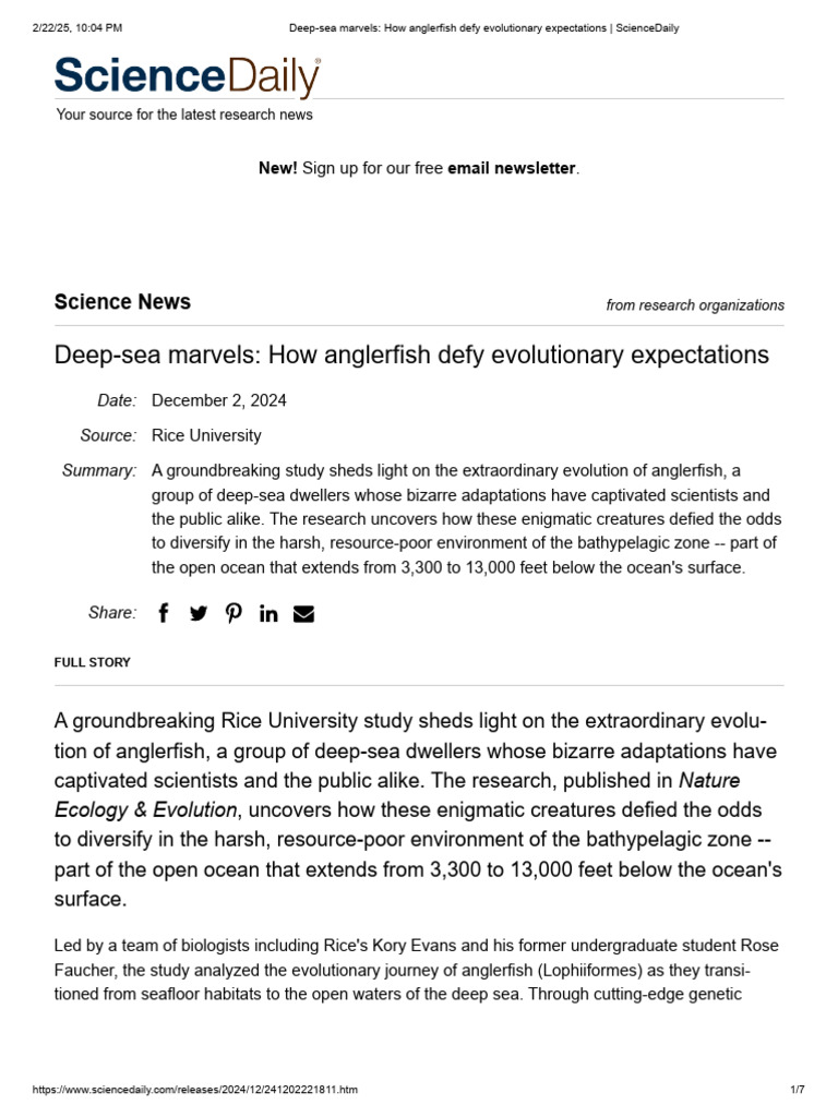 Deep-Sea Marvels - How Anglerfish Defy Evolutionary Expectations - ScienceDaily | PDF ...