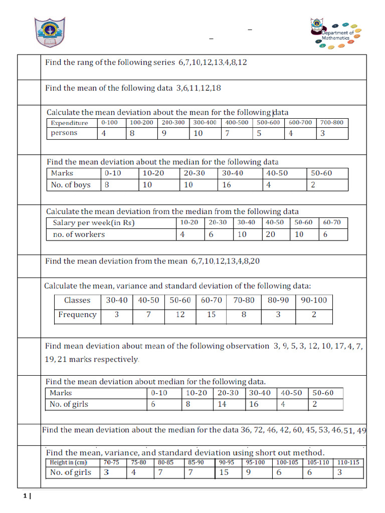 Class XI Statistics Worksheet 2023 | PDF