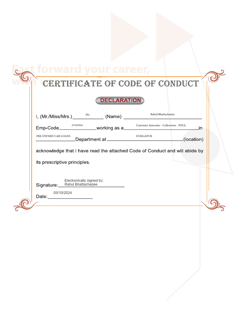 Certificate of Code of Conduct | PDF