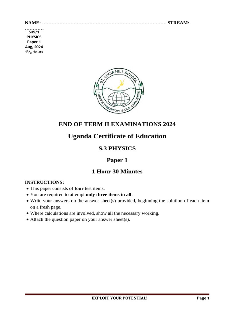 Eot II 2024 s.3 Phy 1 | PDF | Yield (Engineering) | Mechanical Engineering