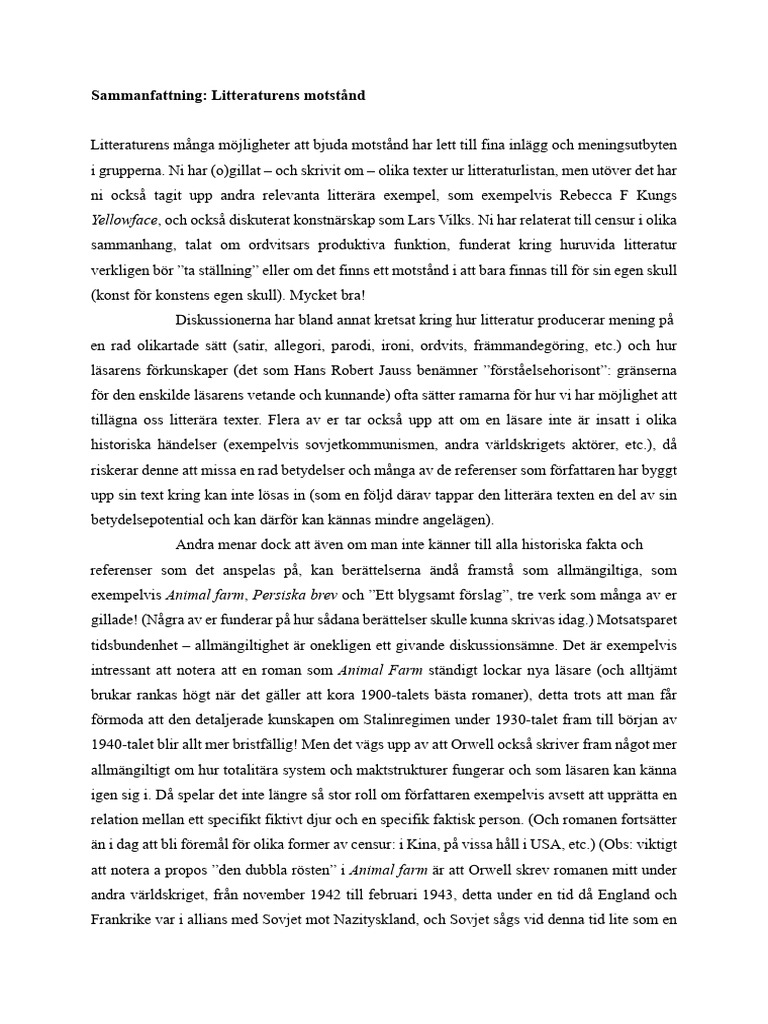 Sammanfattning Litteraturens Motstånd | PDF