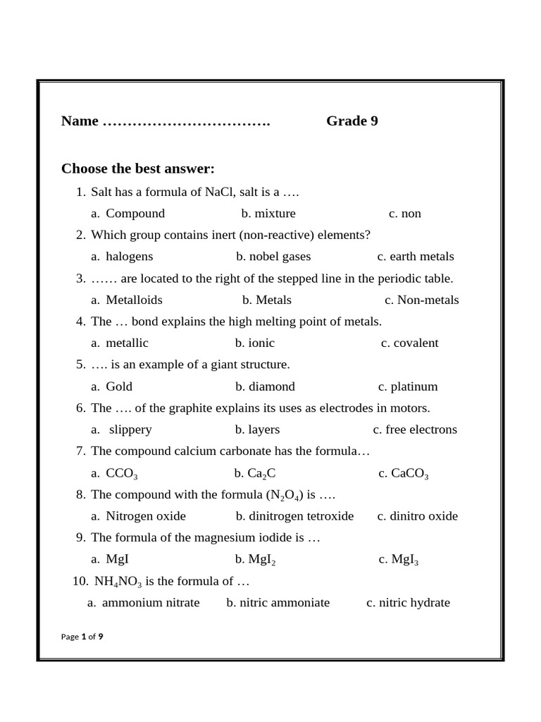 Grade 9 Chemistry Quiz Questions | PDF