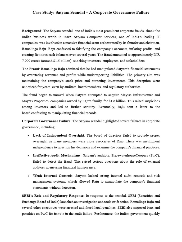 Case Study-Satyam Scandal - A Corporate Governance Failure | PDF | Business
