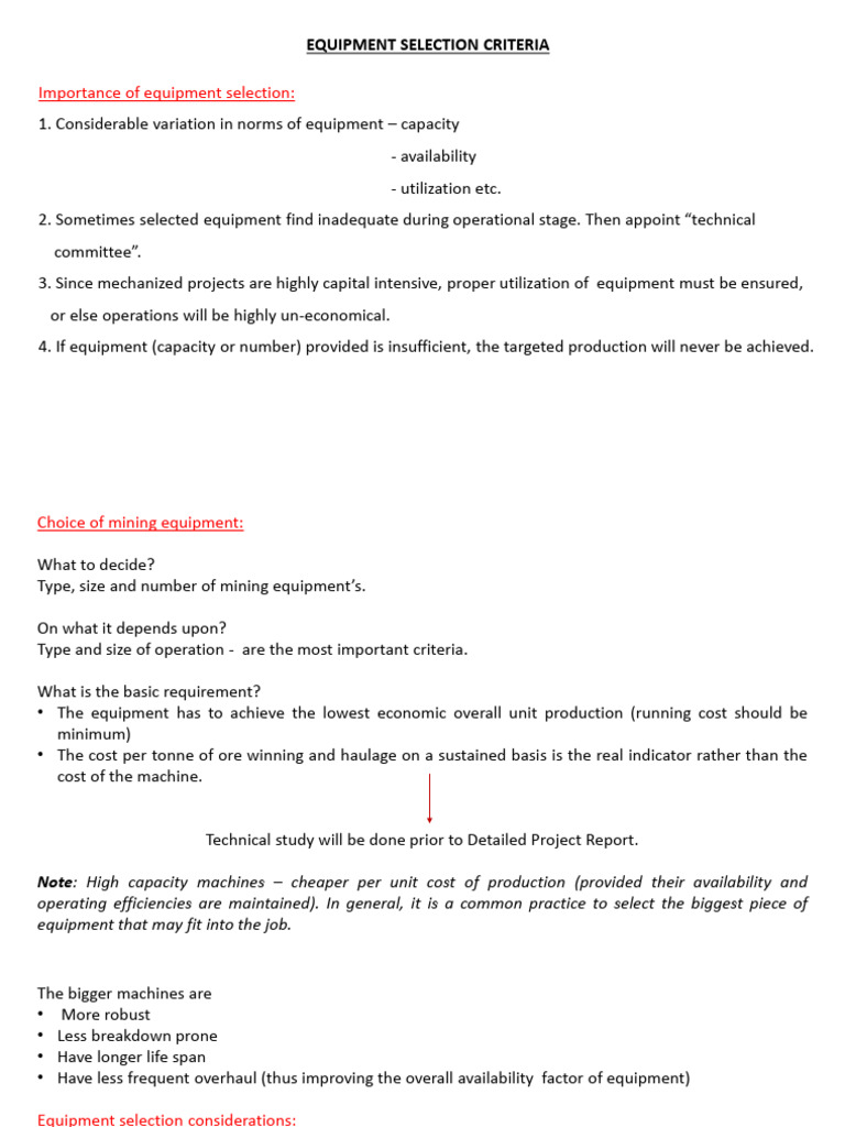 Equipment Selection Criteria for Mining | PDF | Mining | Coal Mining