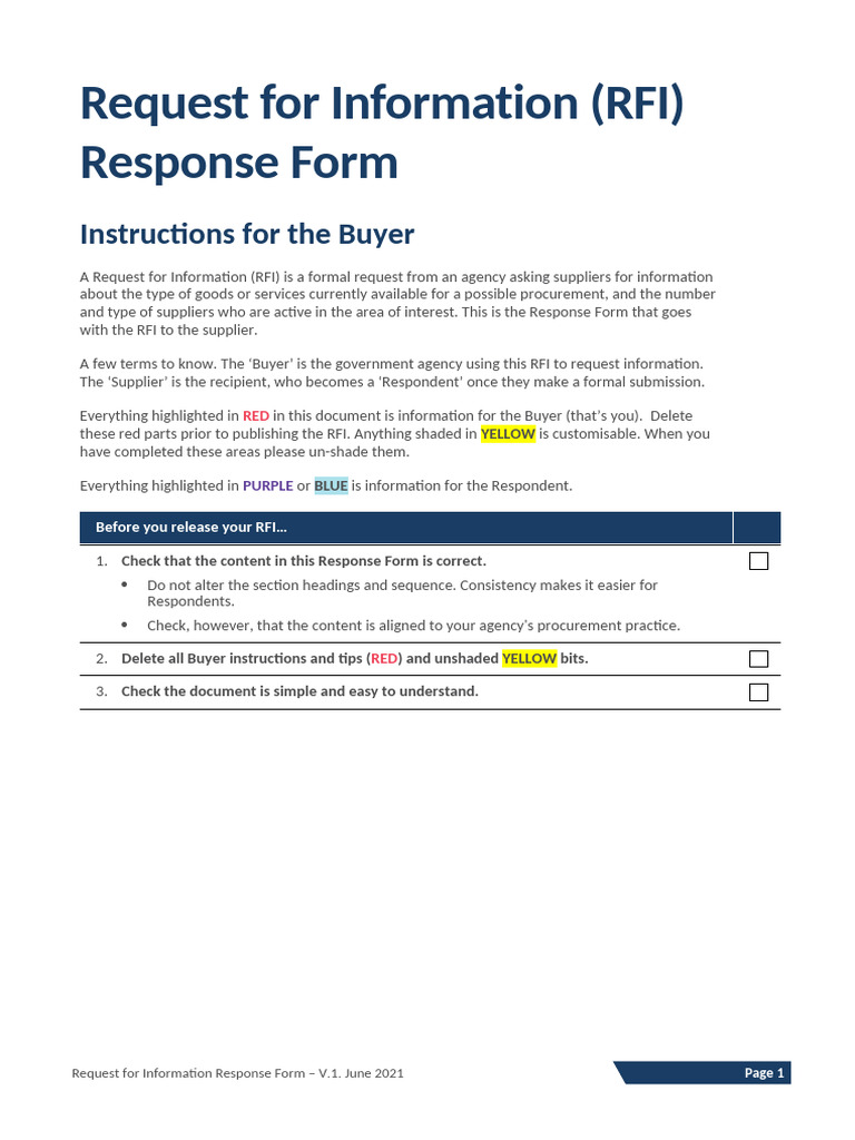 Rfi Response Form Government Model | PDF | Request For Information ...