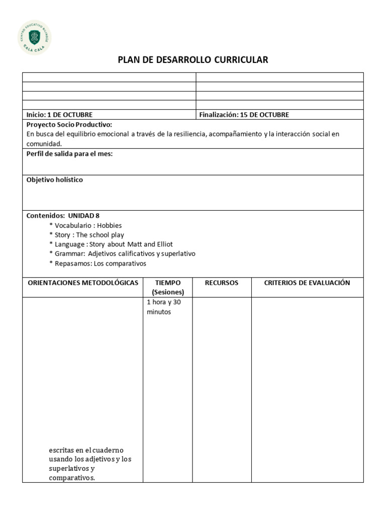 PLAN Octubre - EnGLISH. 2docx - Docx - 2 | PDF | Cognición | Comunicación humana