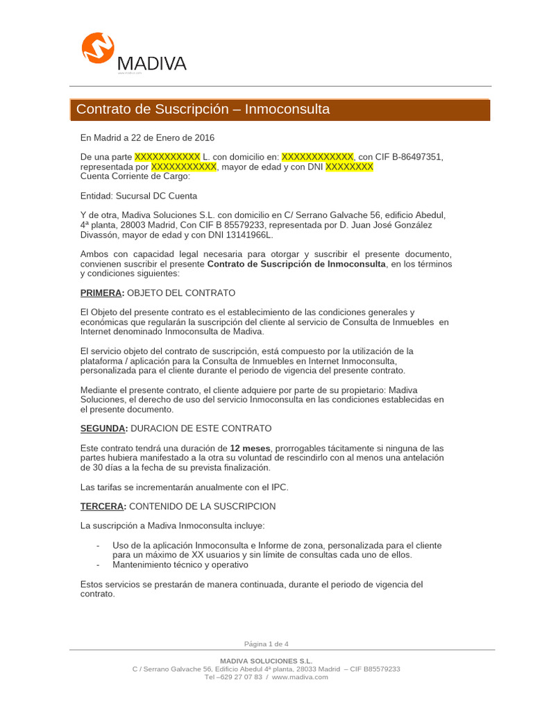 A Plantilla Contrato de Suscripción Tipo - Madiva Soluciones | PDF | Valoración (Finanzas ...