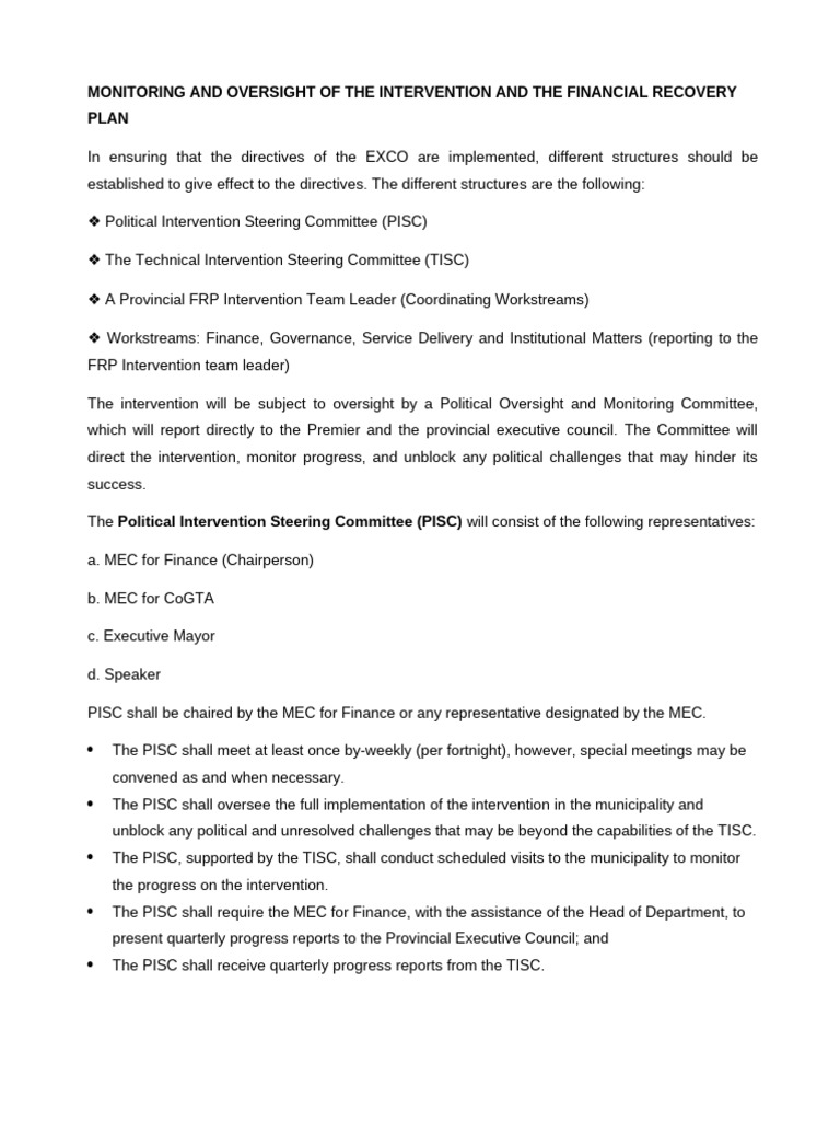 Financial Recovery Plan Oversight Structure | PDF | Government | Governance