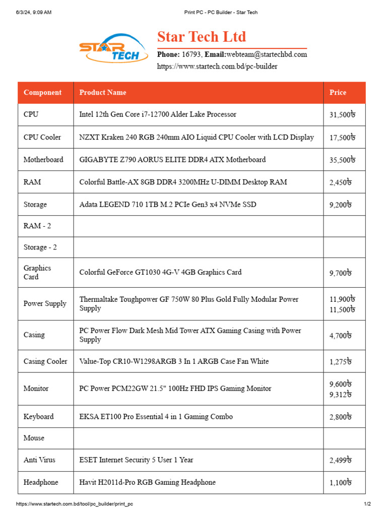 Custom PC Builder Components List | PDF