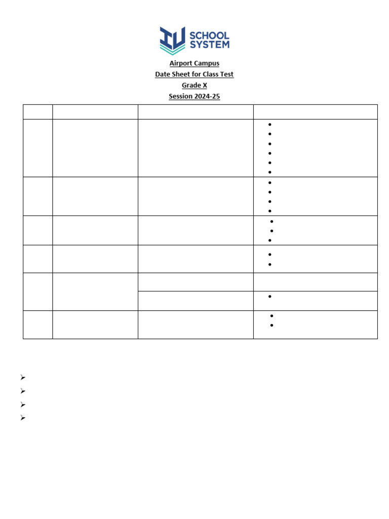 Grade X Class Test Date Sheet 2024-25 | PDF