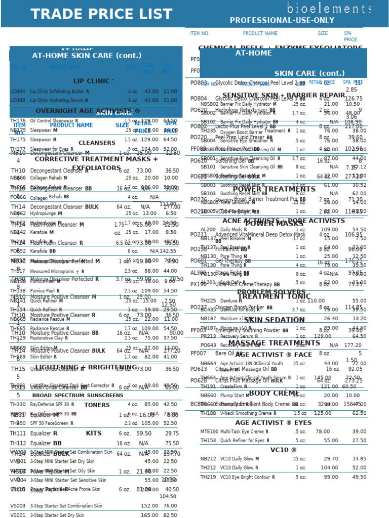 Bioelements SPA Price List | PDF | Skin | Dermatology