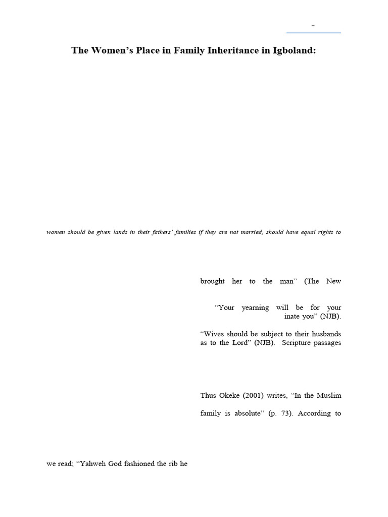 The Women's Place in Family Inheritance in Igboland: A Rational and ...