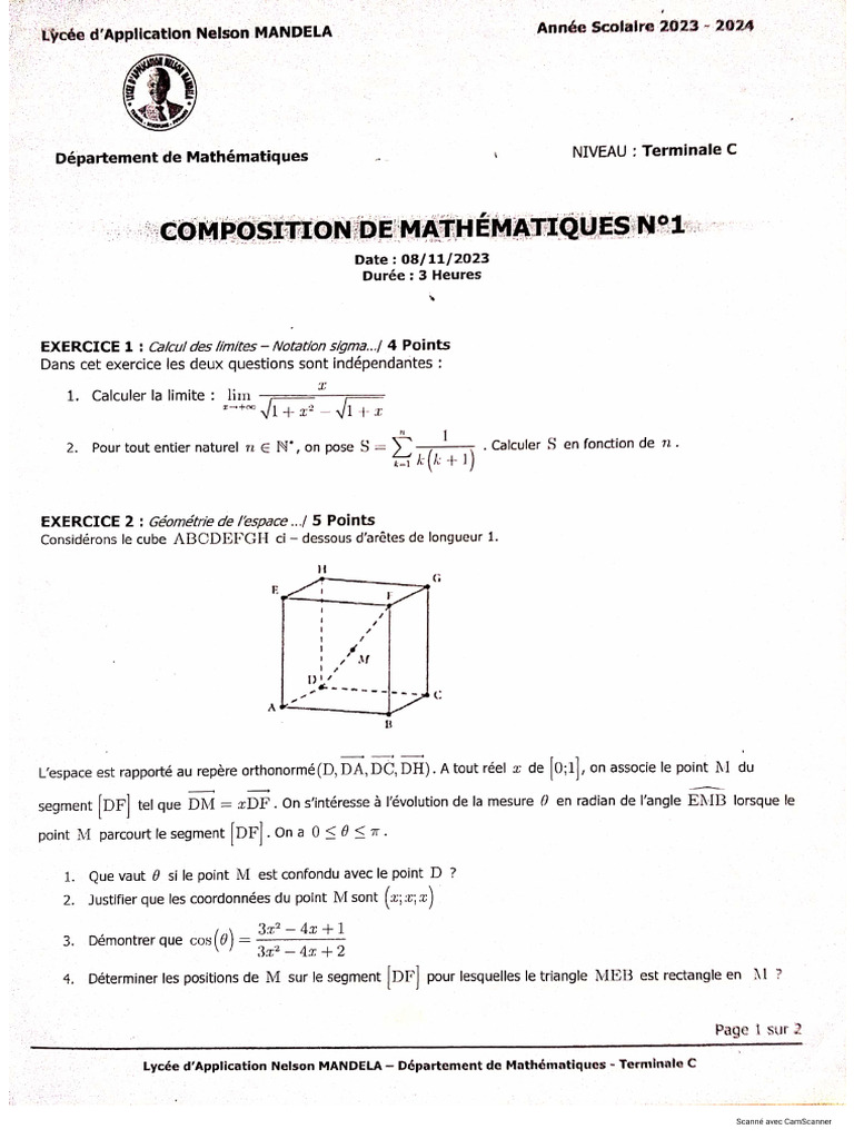 Composition de Mathématiques N°1 | PDF