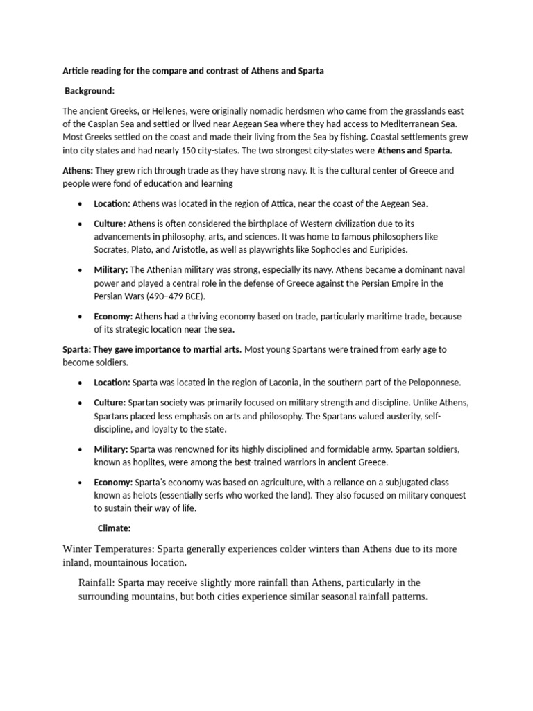 Article Reading For The Compare and Contrast of Athens and Sparta | PDF ...