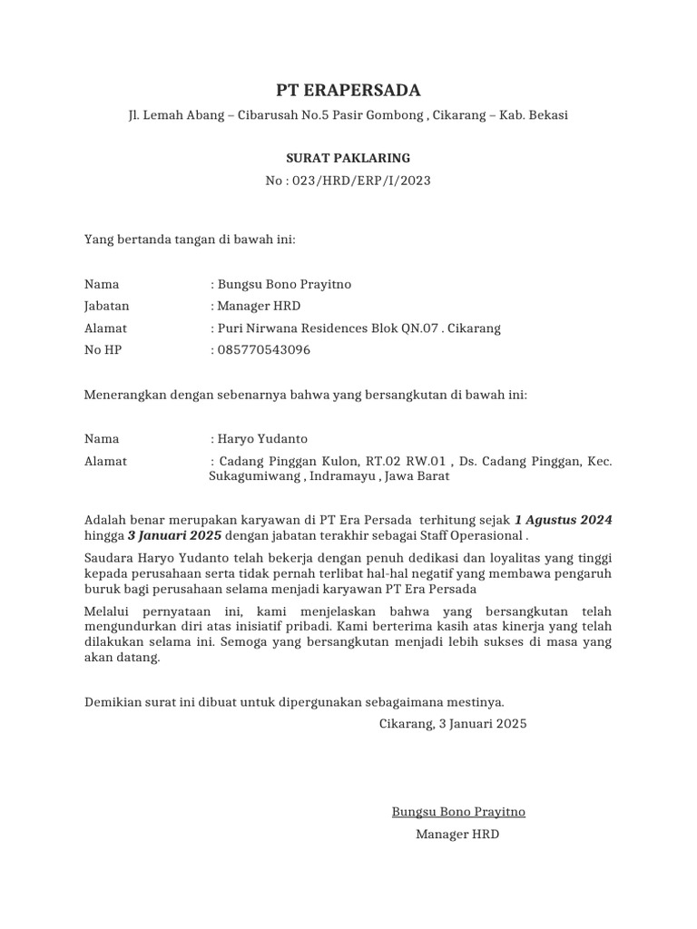 Surat Paklaring | PDF