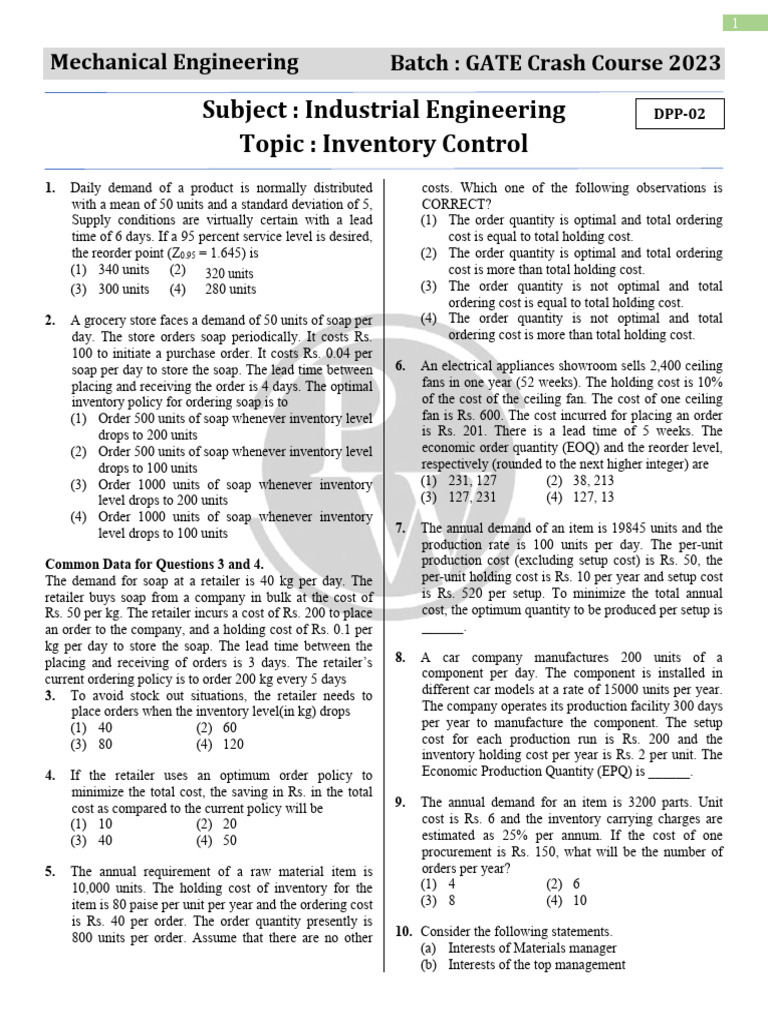Inventory Control (Part-2) - DPP-02 | PDF | Net Present Value ...