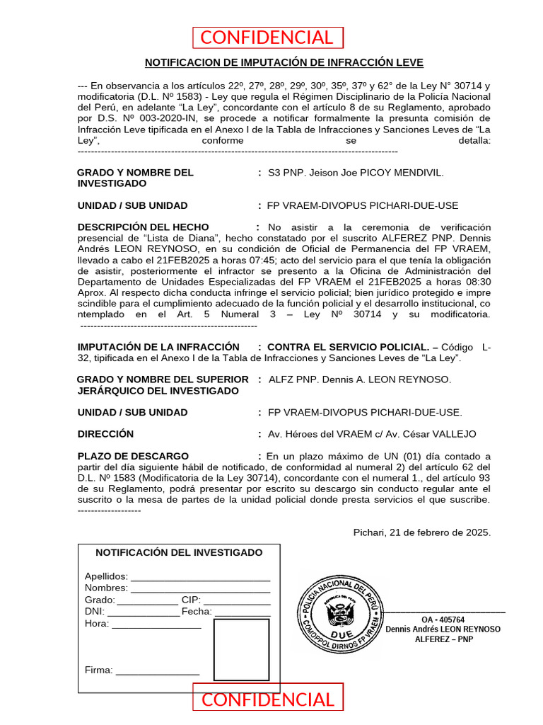 Notificacion S2 PNP Picoy | PDF | Justicia | Crimen y violencia