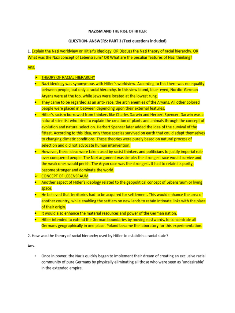 Nazism and The Rise of Hitler - Quest - Answers (Part 3) Marked | PDF ...