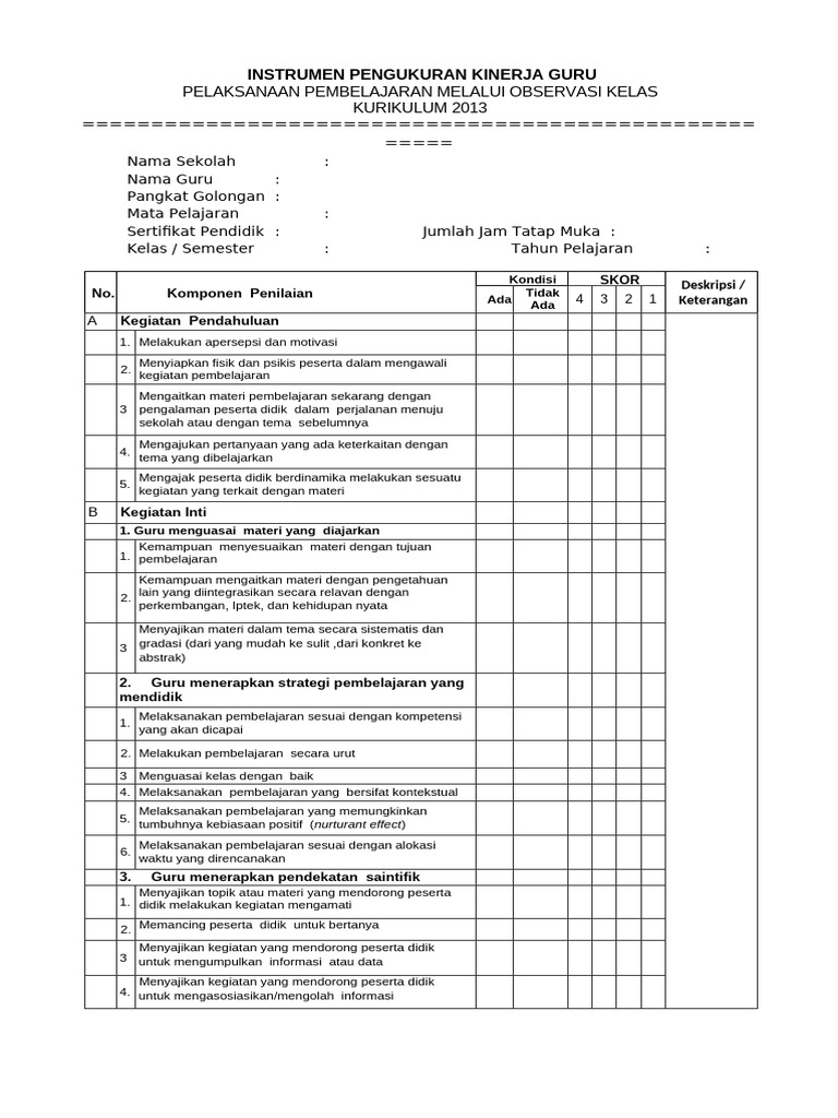 Instrumen Observasi Kelas 2017-2018 Sma-Smk | PDF