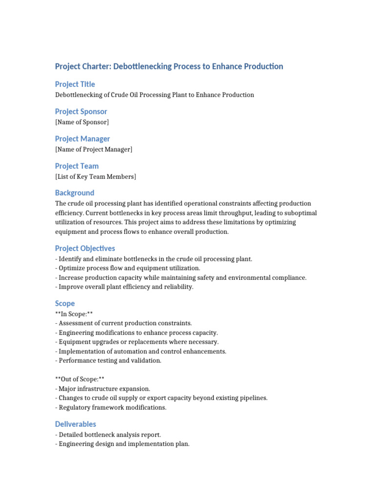 Debottlenecking Project Charter | PDF | Reliability Engineering