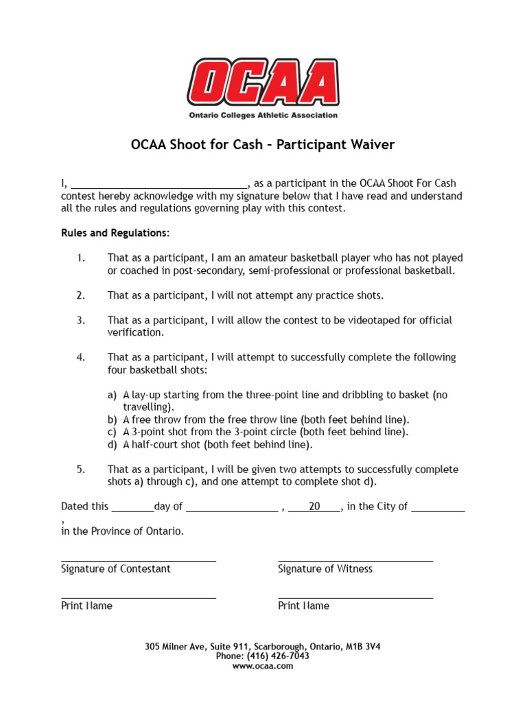 OCAA Shoot for Cash Participant Waiver | PDF
