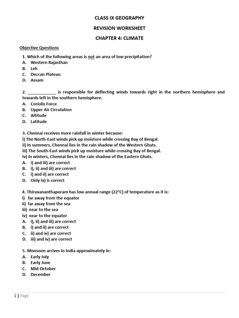 Class Ix Chapter 4 Revision Worksheet | PDF | Rain | Monsoon