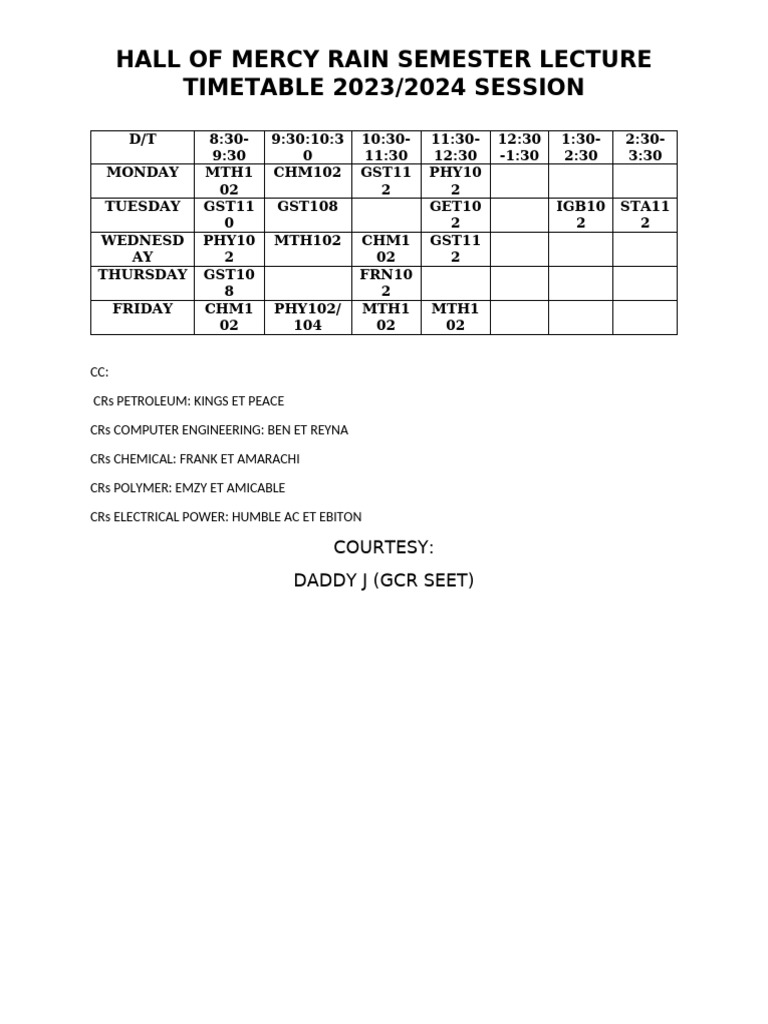 HALL OF MERCY LECTURE TIMETABLE | PDF