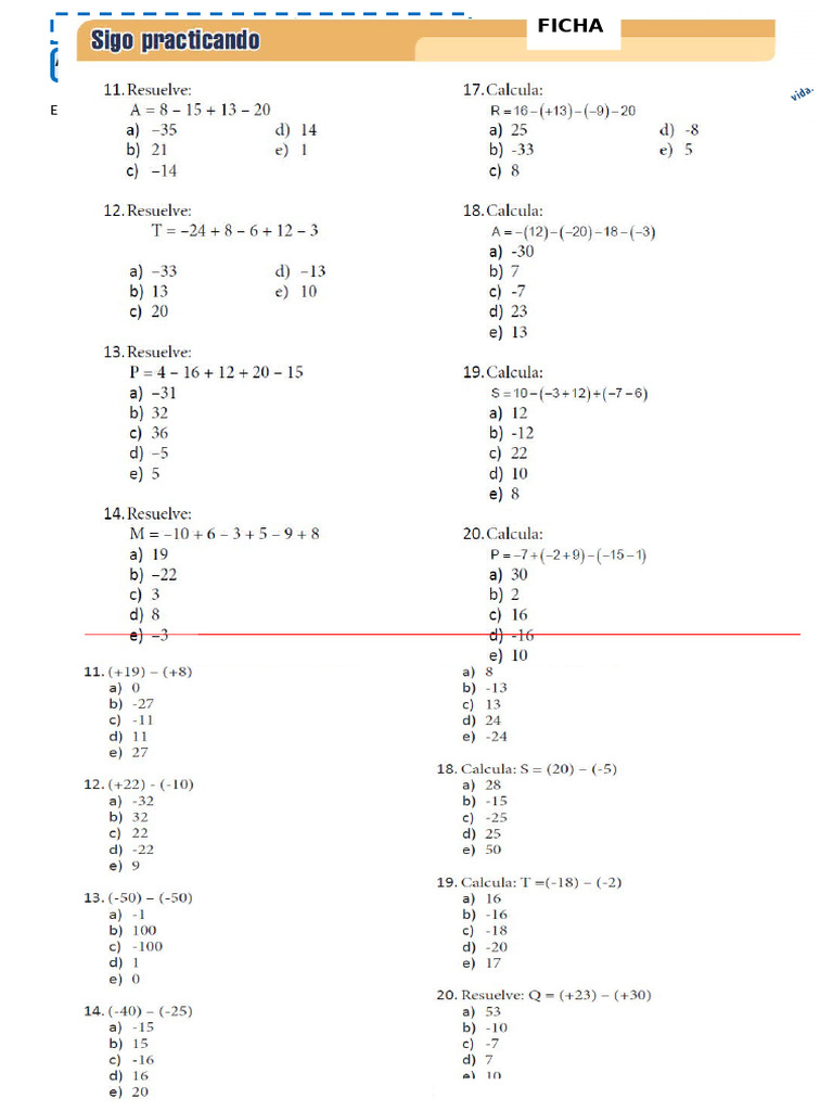 FICHA SUMA Y RESTA DE ENTEROS - REFORZAMIENTO | PDF