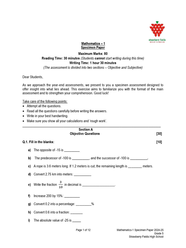 Grade 5 Math Specimen Paper | PDF | Arithmetic | Mathematics