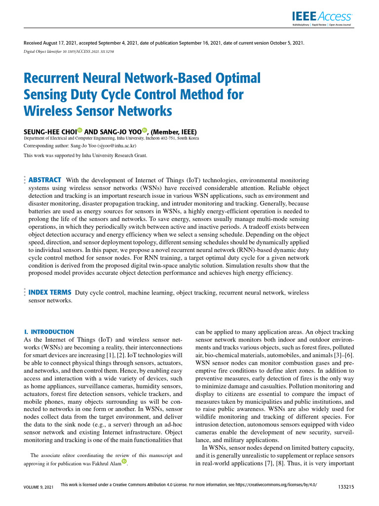 Recurrent Neural Network-Based Optimal Sensing Duty Cycle Control Method For Wireless Sensor ...