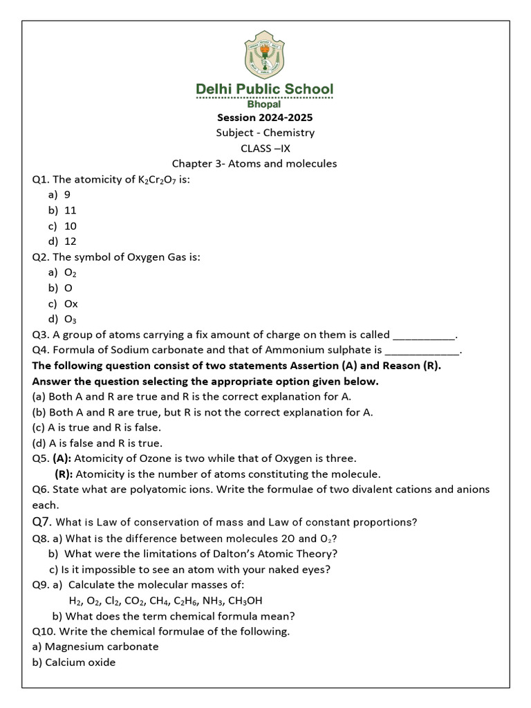 Class 9 CHEMISTRY Worksheet 1 CH. 3 | PDF