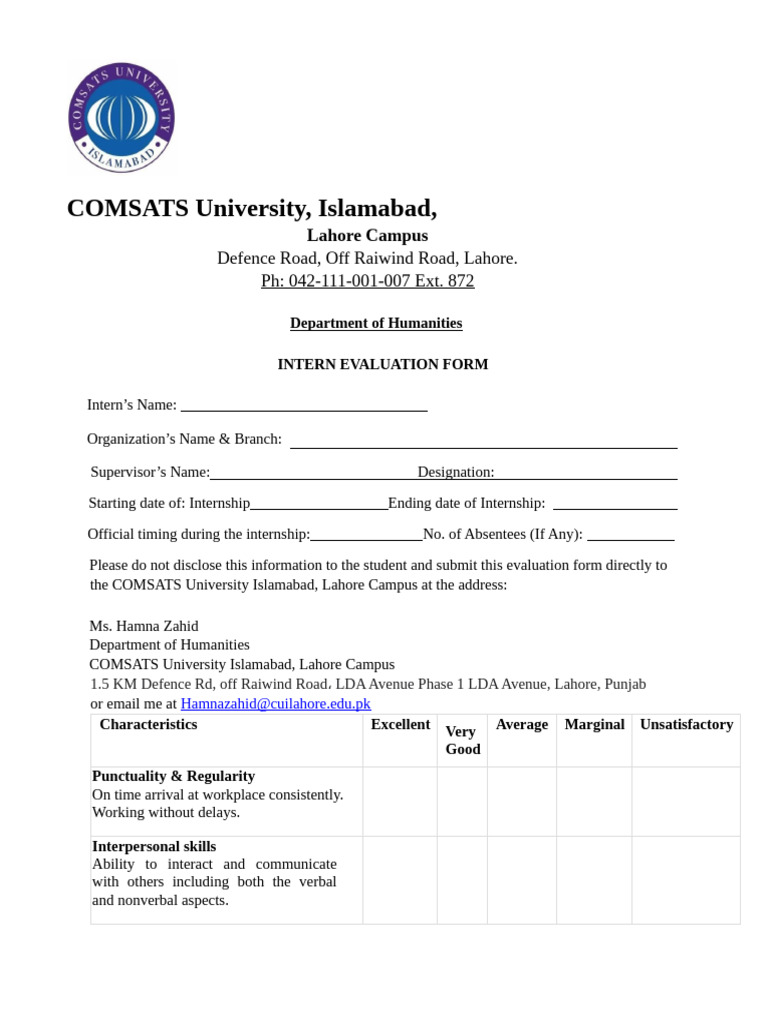 Internship Evaluation Form | PDF