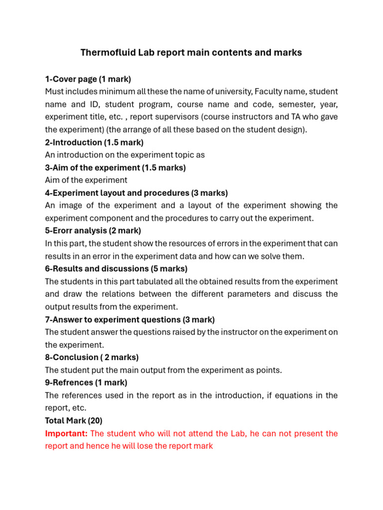 Thermofluid Lab Report Main Contents and Marks | PDF
