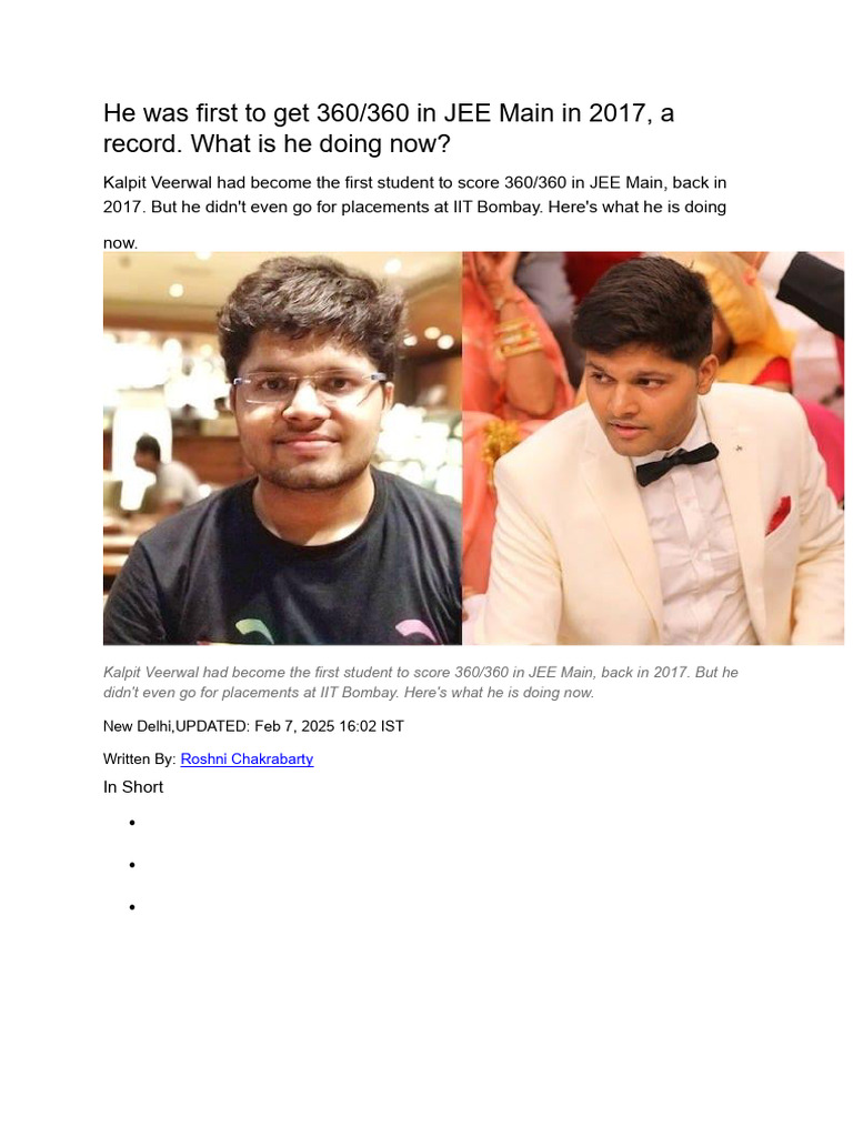 Kalpit Veerwal-First Student-Scored360 in JEE Main | PDF