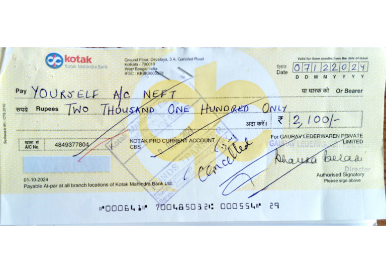 Cancelled Cheque (Kotak Bank) | PDF