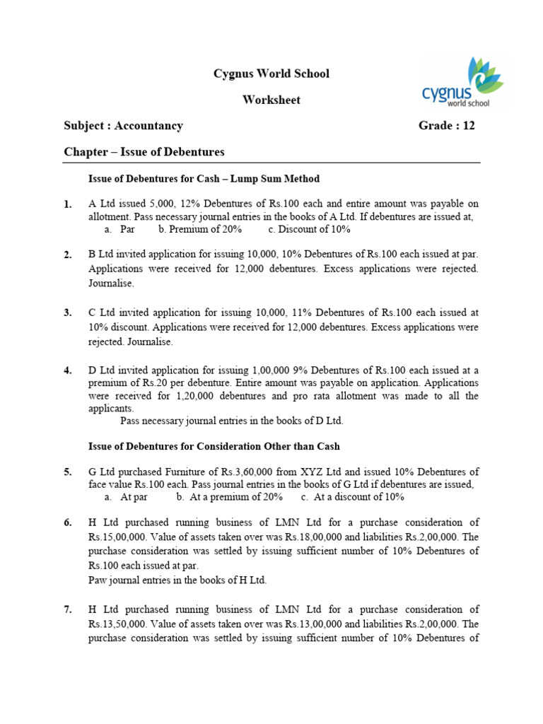 Grade 12 Accountancy: Debenture Issues Worksheet | PDF | Discounting ...