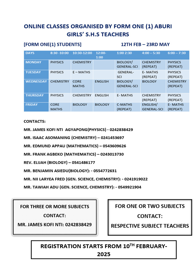 Aburi Girls Online Classes Schedule | PDF