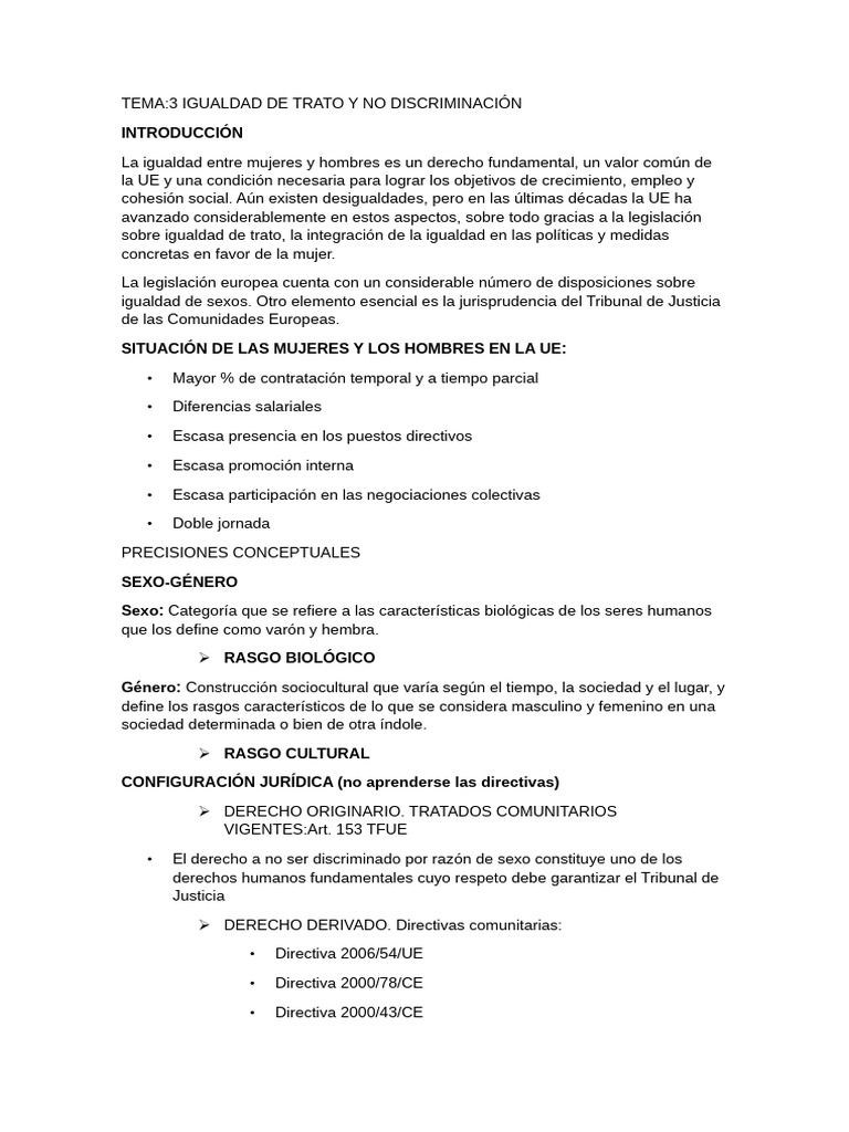 Tema 3 La Igualdad de Trato y No Discriminacion | PDF | Igualdad de género | Estudios de género