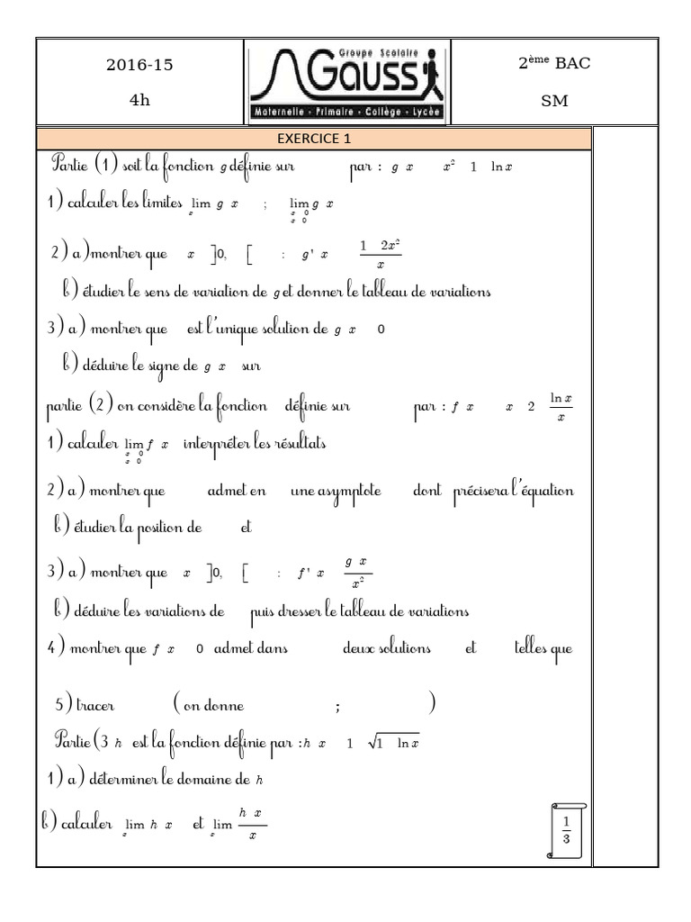 Devoir de Maths 2ème Bac SM 2016 | PDF | Mathématiques | Analyse ...